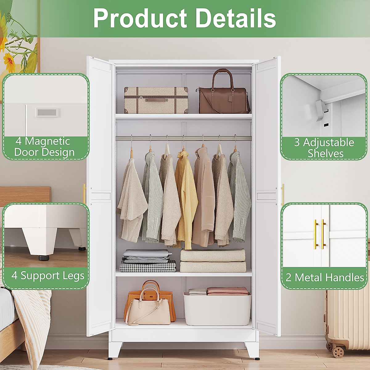 70.9" H Metal Armoire Wardrobe Closet, Adjustable Shelve, Clothes Drying Pole, Steel Wardrobe Cabinet for Bedroom (White)