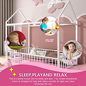 HZANHY Twin House Bed for Kids, Montessori Floor Bed with Rails, Metal Floor Bed Frame for Boys Girls Toddlers, Playhouse Bed with Roof, Twin Kids Bed Floor Bed with Post Foot Pads for Teen
