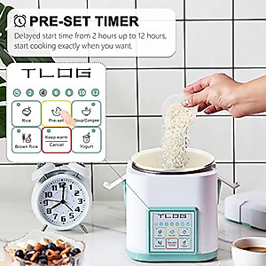 TLOG Mini Rice Cooker 2.5 Cups Uncooked, Healthy Ceramic Coating Portable Rice Cooker, 1.2L Travel Rice Cooker Small for 1-3 People, Personal Rice maker, Food Steamer, 12 Hours delay timer, Multi-cooker for Grains, Oats
