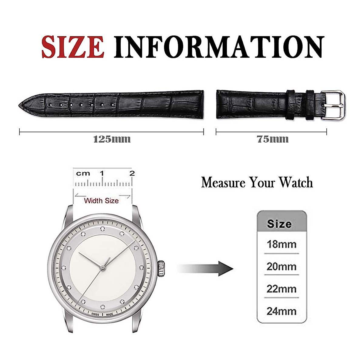 Narako Alligator Style Genuine Leather Watch Bands Genuine Calf Leather Replacement Watch Strap with Stainless Metal Buckle Clasp 12mm 14mm 16mm 18mm 20mm 22mm 24mm for Men and Women (12mm, Black)