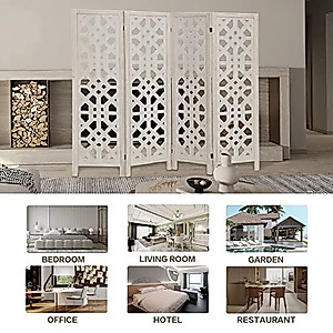 Wood Room Dividers 4 Panel, Premium Home Wooden Room Dividers Wall for Bedroom, Carved Wood Partition Room Dividers Folding Privacy Screens,White
