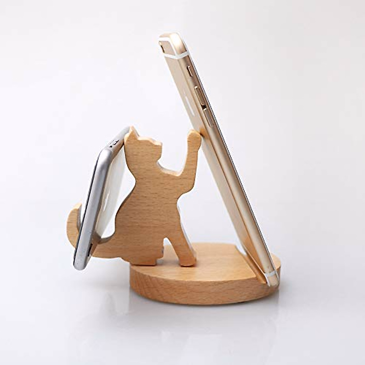 MHKBD Cute Cat Cell Phone Stand, Wooden Phone Stand Cell Phone Holder Desktop Cellphone Stand Universal Desk Stand for All Smart Phone Desk Decoration, Great Gift for Cat Lover Valentines Gift