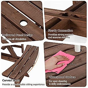 Tangkula 8 Person Wood Picnic Table, Outdoor Round Picnic Table with 4 Built-in Benches, Umbrella Hole, Outside Table and Bench Set for Garden, Backyard, Porch, Patio, 500lbs Capacity Per Bench