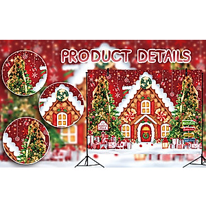 Christmas Gingerbread House Backdrop Winter Merry Xmas Tree Gift Photography Background Family Holiday Party Red Christmas Theme Backdrop Decoration 7x5FT