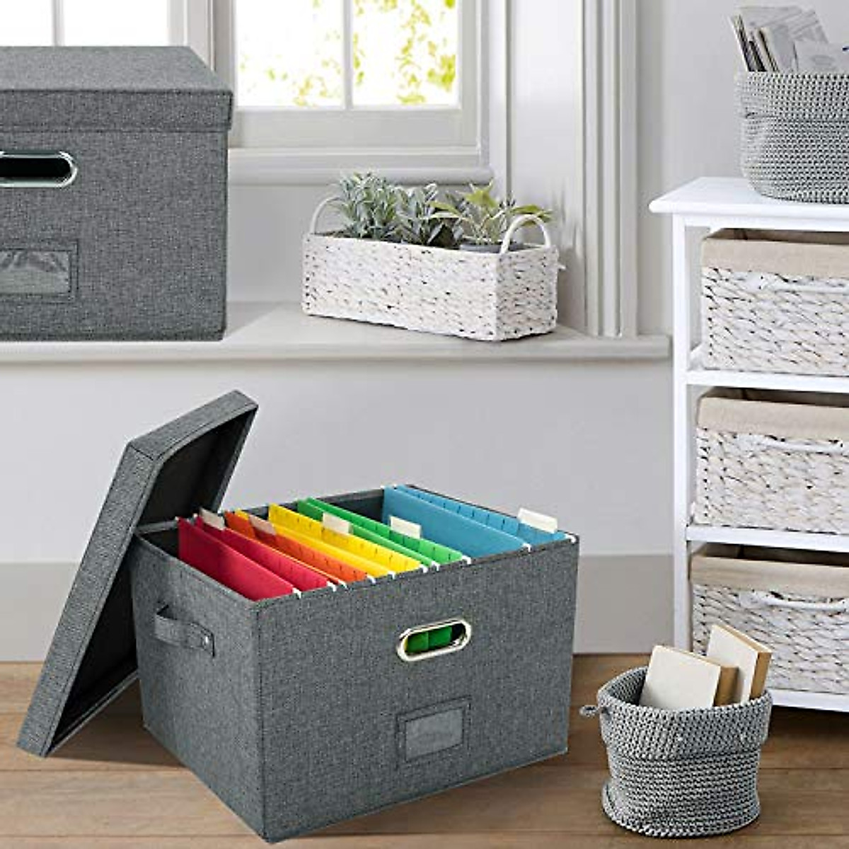 JSungo File Box with 5 Hanging Filing Folders, Document Organizer Storage for Office, Collapsible Linen Storage Box with Lids, Home Portable Storage with Handle, Letter Size Legal Folder, Dark Gray