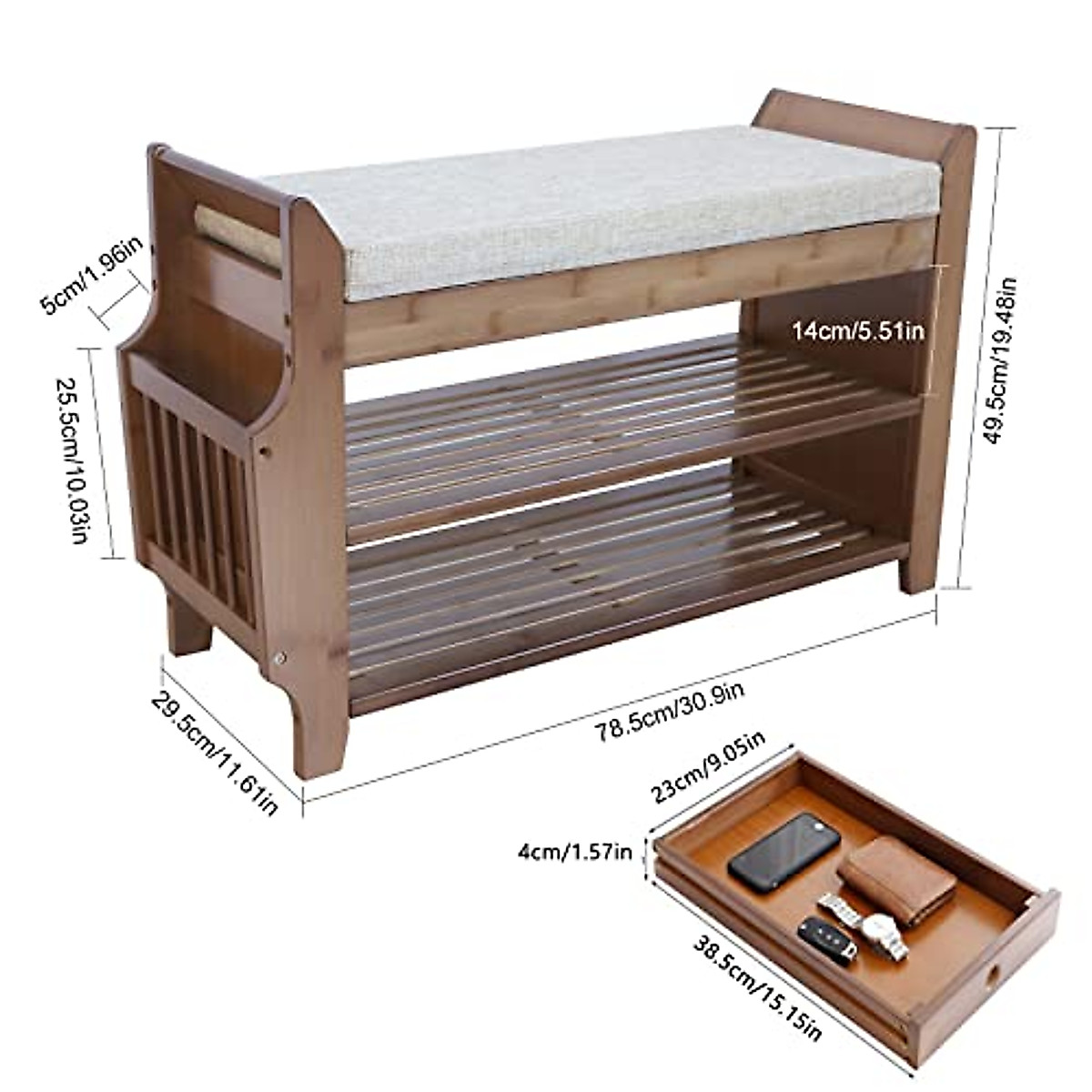 ZHFEISY Shoe Bench 2 Tier Shoe Rack Bamboo 6 Pairs Shoes with Sponge Cushion Storage Basket Shoe Rack Bench Organizer Brown for Home Living Room Entryway