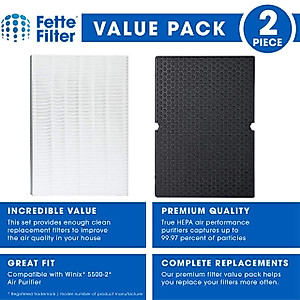 Fette Filter - Premium True HEPA Replacement Filter Compatible with Winix 116130 Filter H for Winix Air Purifier Model # 5500-2 & AM80 (1 HEPA Filter + 1 Carbon Filter)