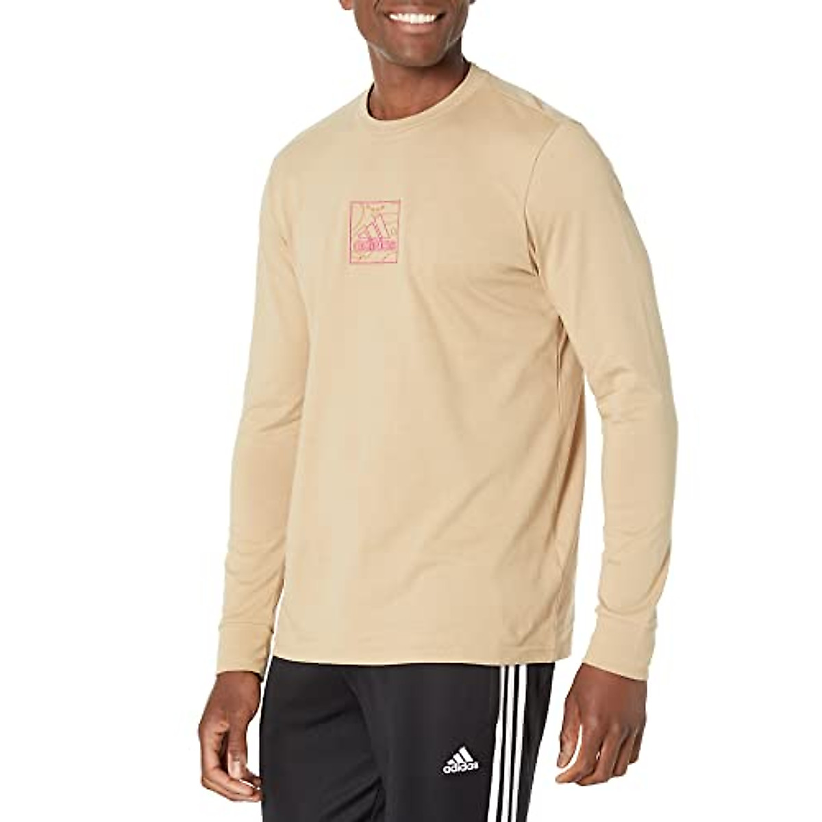 adidas Men's Embroidery Graphic Long Sleeve Tee, Beige Tone, Small