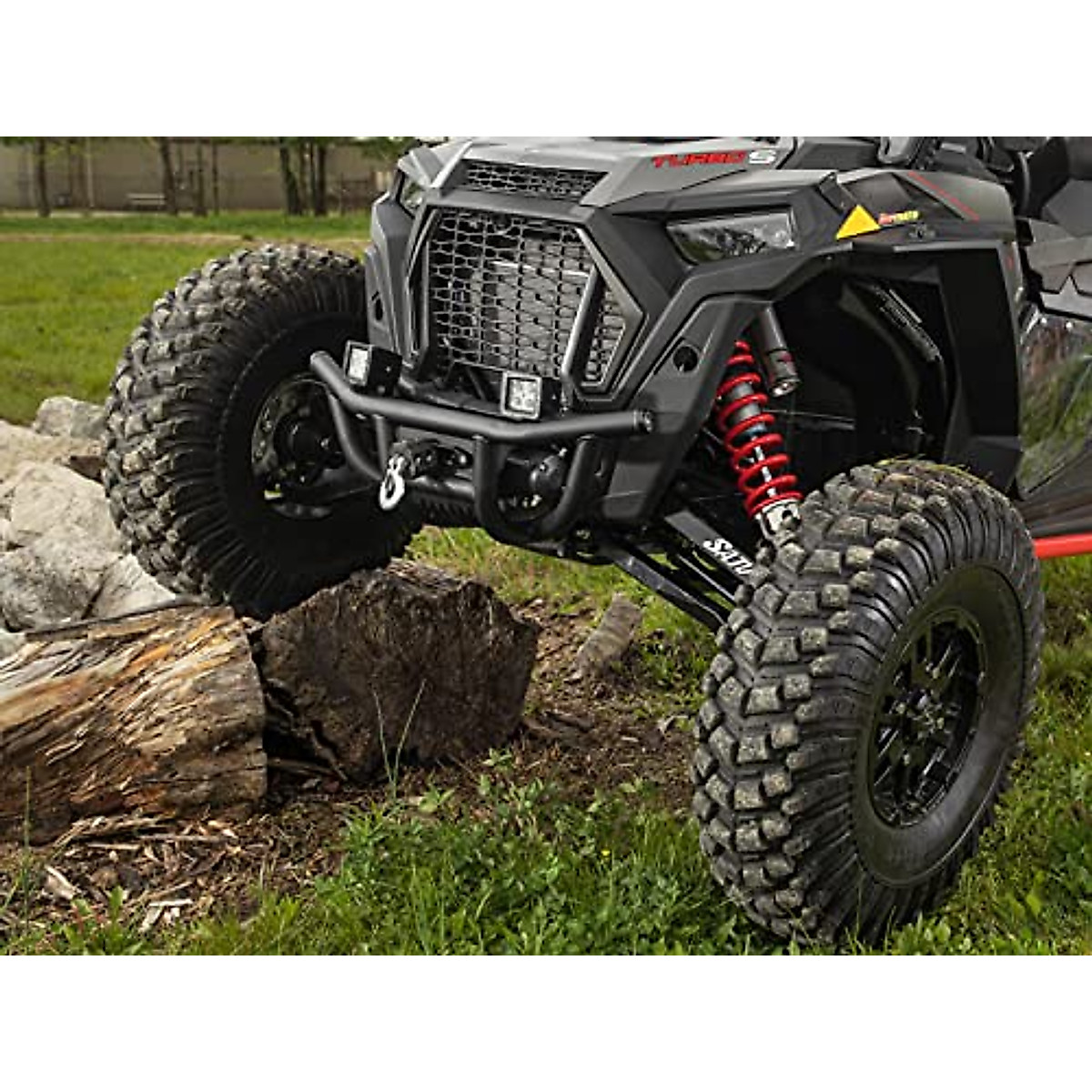 SuperATV Winch-Ready Front Bumper for Polaris RZR XP Turbo S (See Fitment) - Made of Heavy Duty Steel Tubing - 4500 Lb. SuperATV Winch with Synthetic Rope Included - Black, UV Resistant Powder Coating