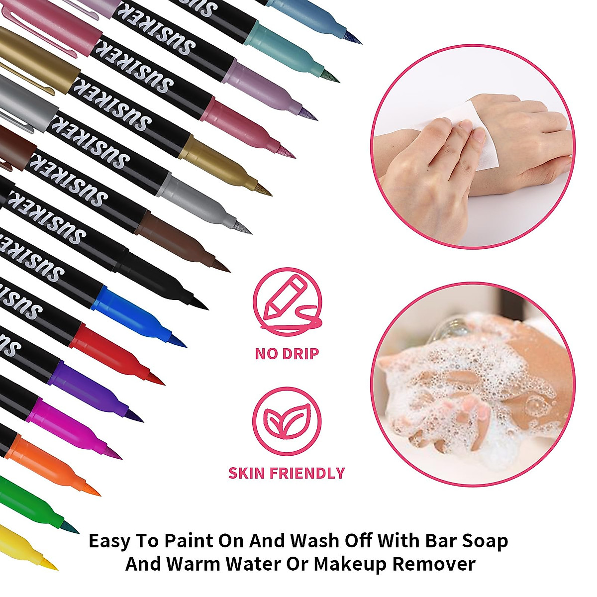 SUSIKEKI Temporary Tattoo Markers for Skin, 15 Colors Tattoo Pen + 50 Paint Stencils + 43 Tattoos Stickers, Glitter & Matte & Neon Glow Body Marker Set, Removable Fake Tattoos Kit for Teens and Adult