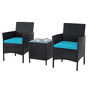 SOLAURA 3-Piece Outdoor Patio Bistro Set Patio Furniture Chairs Black Wicker Porch Furniture with Glass Coffee Table (Light Blue Cushion)
