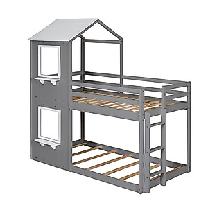 MERITLINE House Bunk Bed for Kids,Twin Over Twin Wood Bunk Bed with Ladder,House-Shaped Bed with Window for Girls Boys,No Box Spring Needed(Grey)