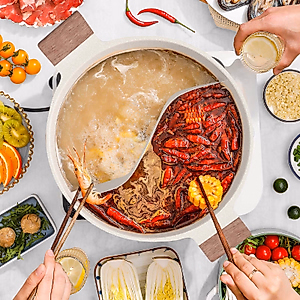 Dezin 5-QT Double-flavor Shabu Shabu Pot with Divider, Dual Sided Nonstick Hot Pot, 12 Inch Divided Stockpot for Cooking, Hotpot Pot for Induction Cooktop, Gas Stove & Hot Burner, Soup Ladle Included