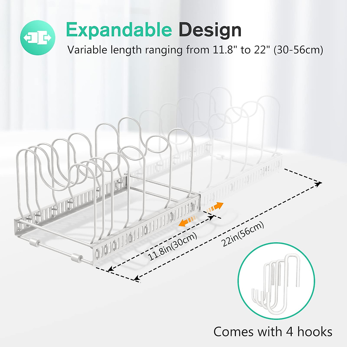 Puricon Expandable Pot and Pan Organizer for Cabinet with 10 Dividers, Adjustable Pots and Pans Organizer Rack Pan Lid Cookware Bakeware Baking Storage Holder for Kitchen Countertop Pantry -White