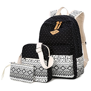 goldwheat Canvas Print Backpack Cute Teen Backpacks for Girls School Bag with Lunch Bag