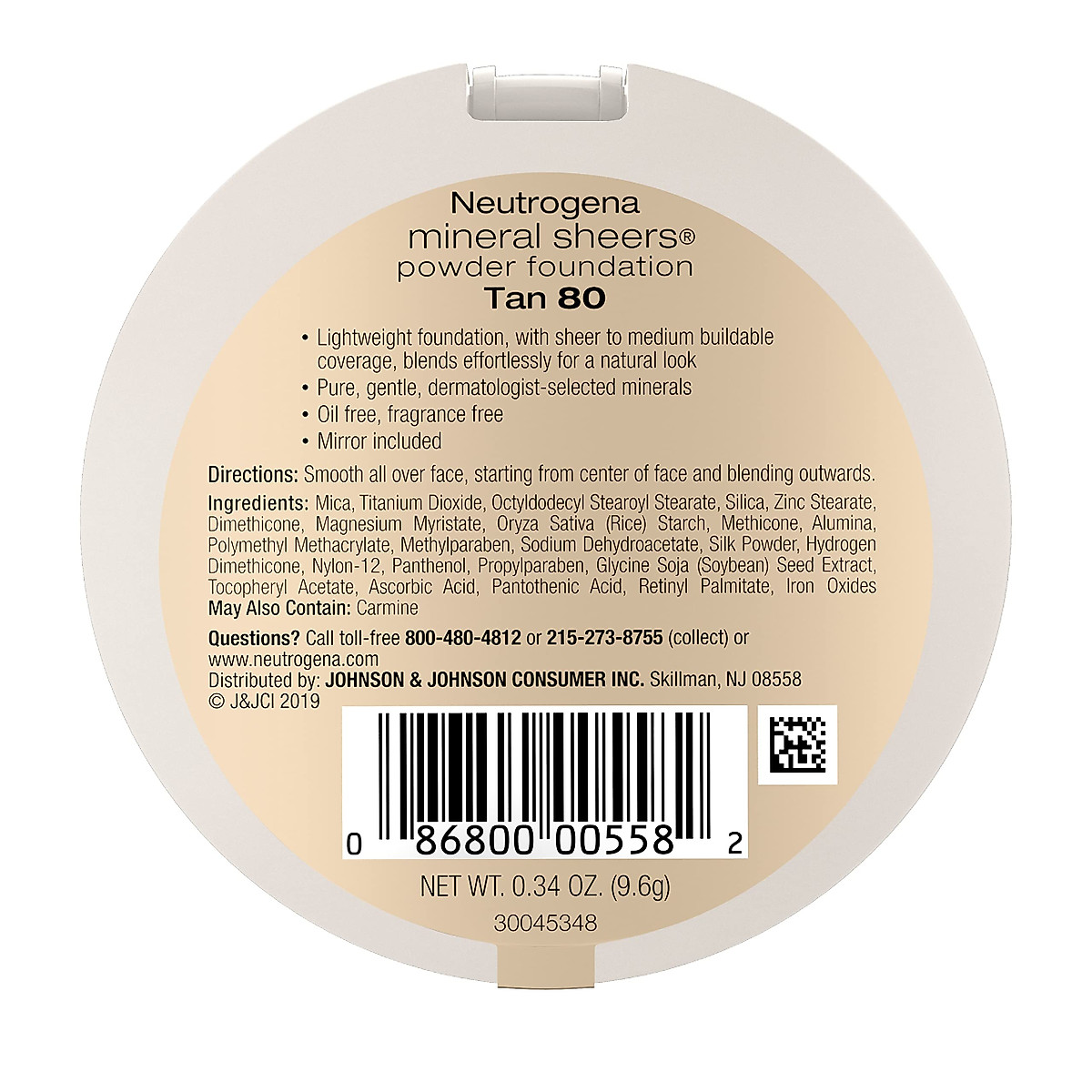 Neutrogena Mineral Sheers Compact Powder Foundation, Lightweight & Oil-Free Mineral Foundation, Fragrance-Free, Tan 80,.34 oz (Pack of 2)