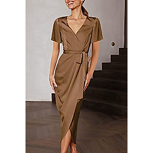 PRETTYGARDEN Women's Summer Formal Midi Satin Dress Short Sleeve V Neck Belted Cocktail Party Ruched Dresses (Brown,Large)