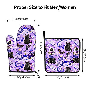 Flexible Witchy Witch Goth Black cat Mushroom Oven Mitts and Pot Holders High Heat Resistant Oven Mitts and Pot Holders Non-Slip BBQ Gloves
