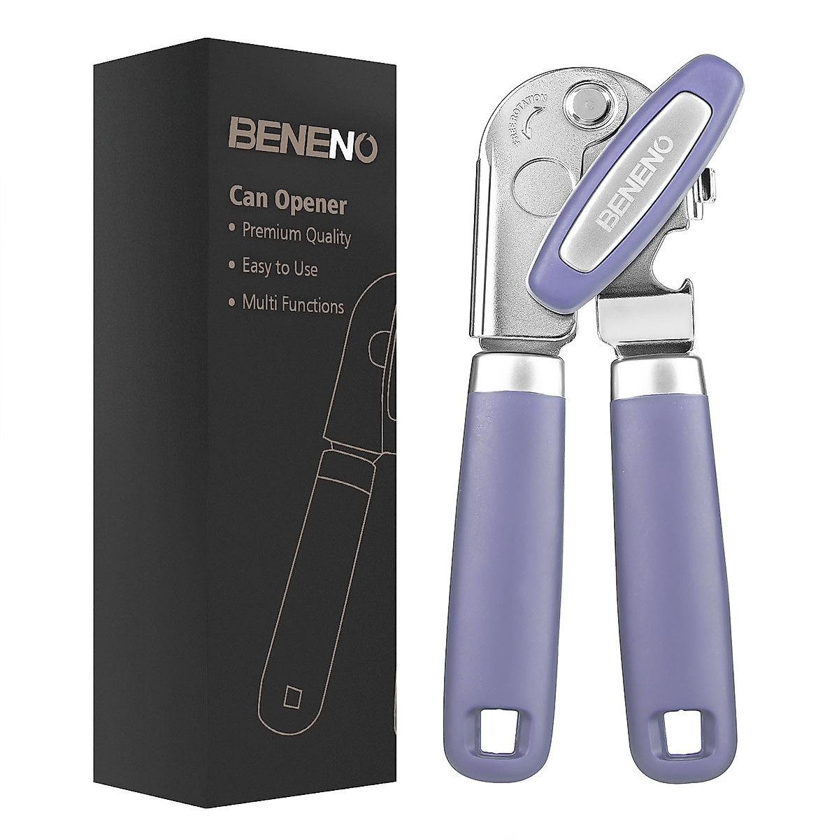 Can Opener Manual, Can Opener with Magnet, Hand Can Opener with Sharp Blade Smooth Edge, Handheld Can Openers with Big Effort-Saving Knob, Can Opener with Multifunctional Bottles Opener, Purple