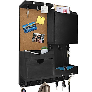 HEKOOLA Key Holder Wall Mount Mail Organizer Key and Mail Holder for Wall Key Hooks with Shelf, Drawer, Chalkboard, Corkboard, Key Hanger Mail Organizer Wall Mounted for Room Entryway (Black)