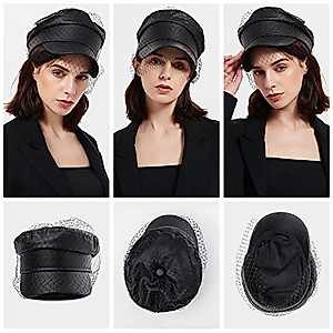 Beret Hats for Women PU Leather Newsboy Fiddler Cap with Veil Casual Baker Boy Captain Hat