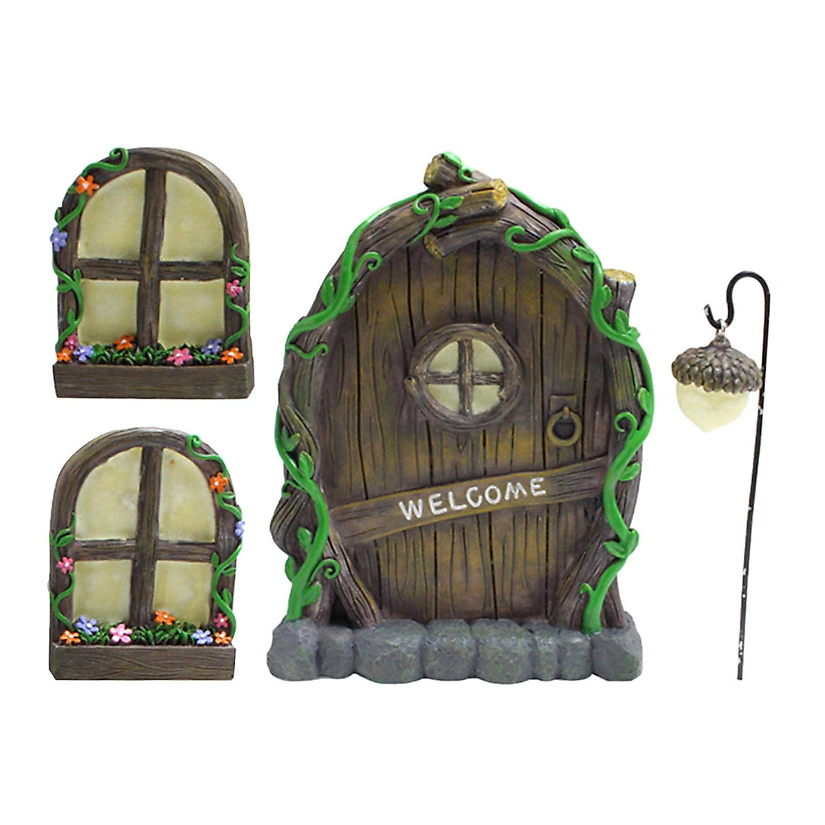 CALIDAKA 3pcs Miniature Fairy Gnome Home Window and Door Lamp for Trees Decoration,Stone Shape Glow in Dark Fairies Sleeping Door and Windows for Yard Art Garden Noctilucence Sculpture