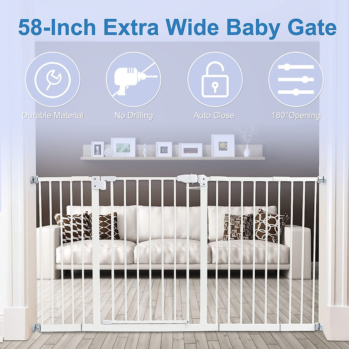 Kinfant Extra Wide Baby Gate - 58-Inch White Doorway & Stair Gate, Tall & Adjustable Extension Pressure Pet Gate, with Extension Kit, Pressure Mount Kit, Wall Cups
