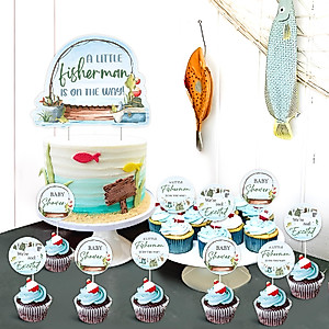 kreat4joy Fishing Baby Shower Decorations for Boy, Gone Fishing Baby Shower Decorations, A Little Fisherman Is on the Way Banner Cake Cupcake Toppers Blue Green Brown Balloons for Fish Baby Shower