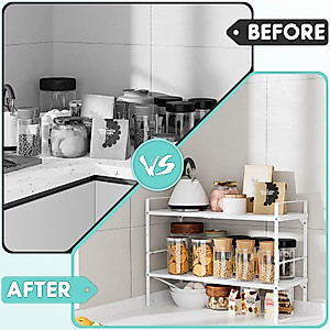 jkxoo 2Pack Expandable Cabinet Shelf Organizers, Stackable Metal Cabinet Shelves Extender for Kitchen Cabinet Countertop Storage, Adjustable Spices Shelves Rack Stand for Cupboard Pantry, White