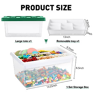 Leinuosen 32 QT Plastic Storage Box with Removable Tray Craft Organizer and Storage Clear Bins with Lids Art Supply Container for Kids Organizing Building Bricks Toys Bead Tool Sewing (Green)