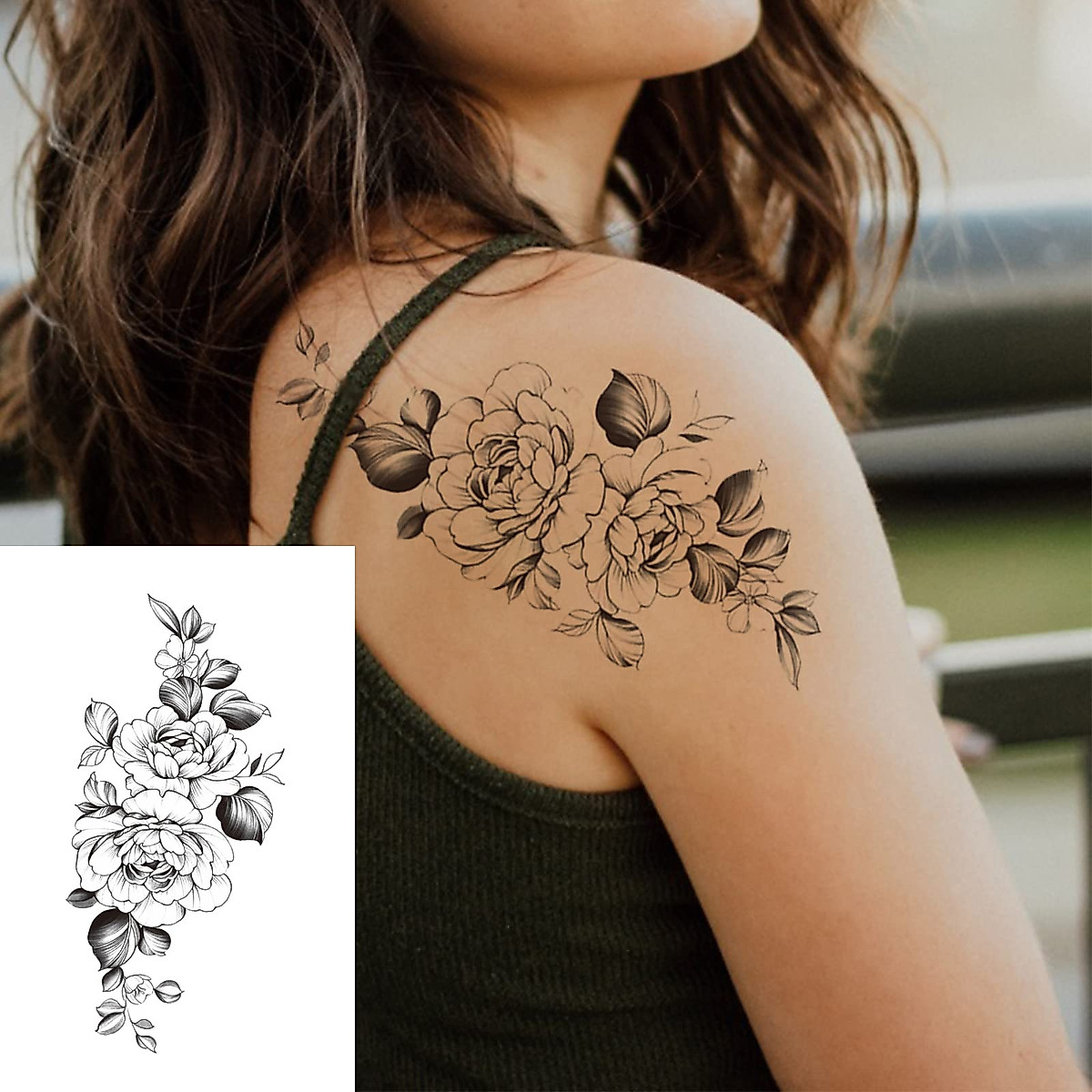32pcs Black Rose Flower Temporary Tattoo Sticker For Women,Multiple Floral Pattern Designs(7.5X3.8 inch)