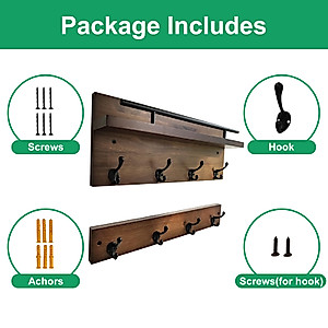 kansata Coat Rack Wall Mount with Shelf Storage Set of 2, Wood Coat Hooks Key Holder for Wall, Heavy Duty Wall Mounted Hooks for Hanging Hats, Purses, Caps, Clothes, Pants - 8 Hooks