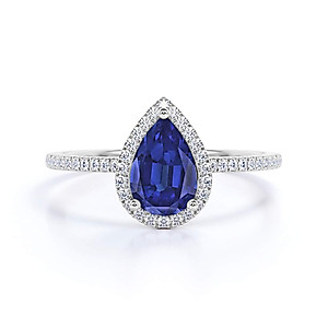 PB Collection Pear Shaped Blue Sapphire Engagement Ring 925 Sterling Silver 14K White Gold Plated 6.5