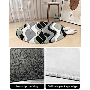 Sage Green Stripes Fluffy Round Area Rug Carpets 4ft, Plush Shaggy Carpet Soft Circular Rugs, Non-Slip Fuzzy Accent Floor Mat for Living Room Bedroom Nursery Decor Modern Geometric Black Grey White