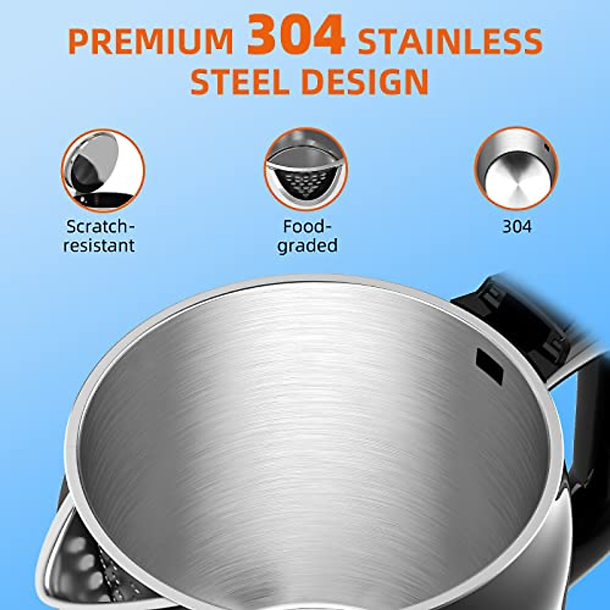 Electric Kettle 1.7L, Aylion 100% Stainless Steel Interior Double Wall Electric Tea Kettle, 1500W Fast Heating, Auto Shut-Off & Boil Dry Protection, BPA Free, LED Indicator, Black