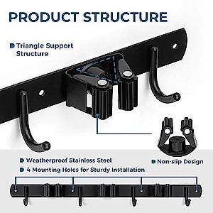 Damita Mop Broom Holder Wall Mount, 3 Racks 4 Hooks Mop Hanger Wall Mount for Kitchen Garage Garden Tool Organization - 304 Stainless Steel Non-slip Broom Organizer Wall Mount (1 Pack, Black)