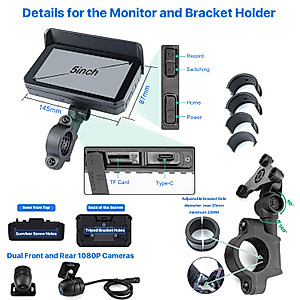 Motorcycle DVR: Wireless Apple Carplay, Android Auto, TPMS, Dual HD 1080P Cameras, GPS, G-Sensor, Siri & Google Voice, 5-Inch IPS Touch Screen, WiFi, Bluetooth, TF Card, Waterproof TTXSCAM MT01