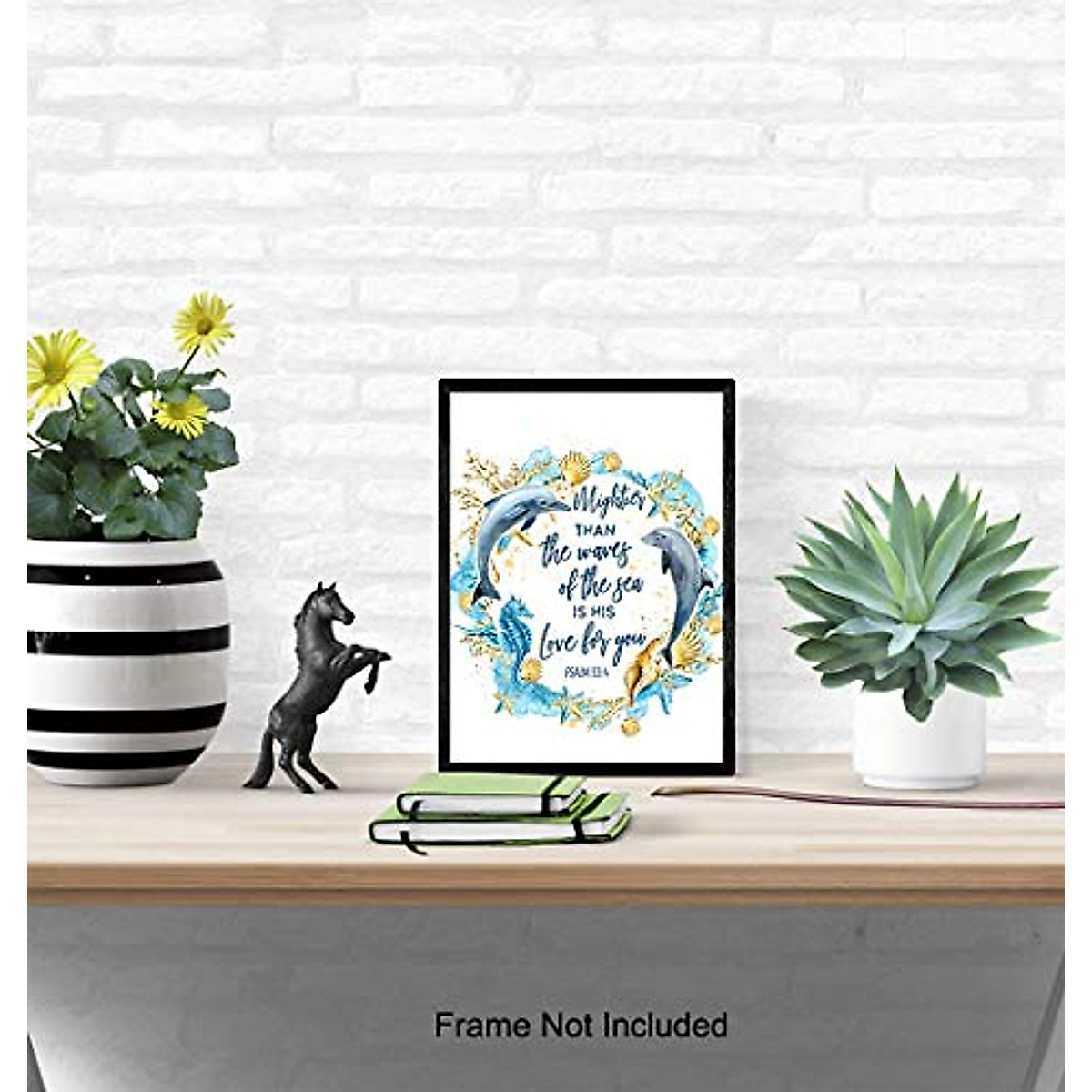 Ocean Dolphins Bible Verse Religious Wall Art - Inspirational Quote Christian Scripture Room Decoration for Bathroom, Bedroom - Nautical Beach House Poster - Mightier Than the Waves Blue Wall Decor