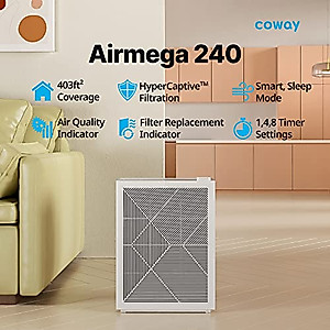 Coway Airmega 240 True HEPA Air Purifier with Air Quality Monitoring, Auto, and Filter Indicator, Dove White