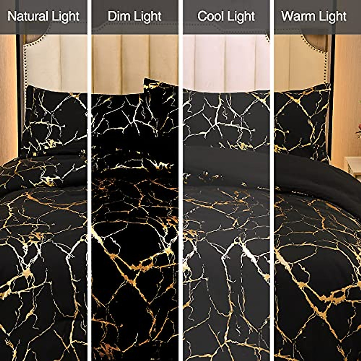 Holawakaka Black Gold Metallic Marble Duvet Cover Set Queen Size Foil Print Glitter Bedding Set (Black Queen, No Comforter)