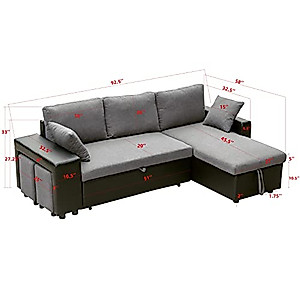 ARINAL 92.5" Linen Reversible Sleeper Sectional Sofa with Storage and 2 stools Steel Gray