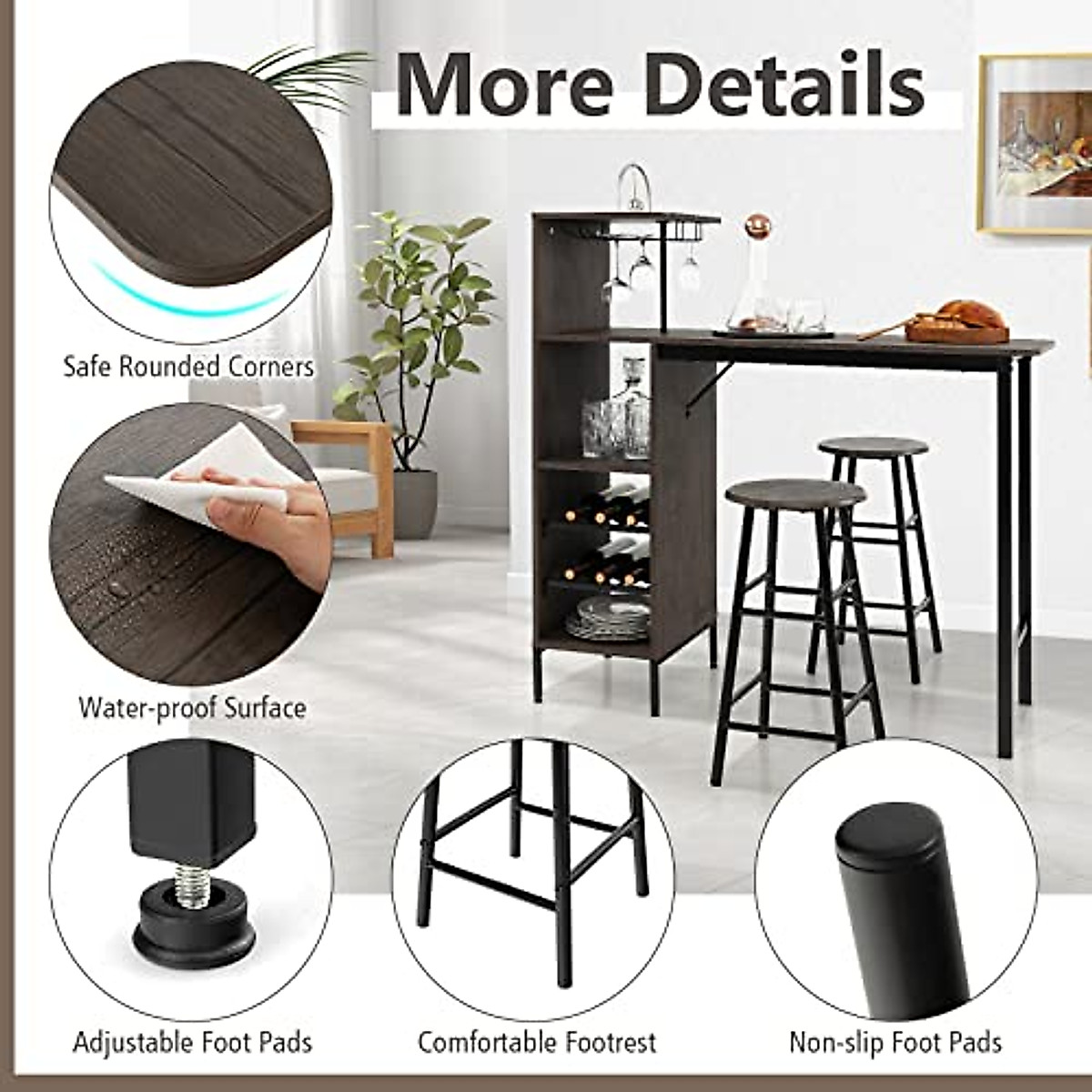 GOFLAME Bar Table and Chairs Set for 2, Counter Height Dining Table Set with Shelves, Cup Holder & Wine Rack, Breakfast Table & Chair Set, 3-Piece Pub Table Set for Kitchen, Dining Room