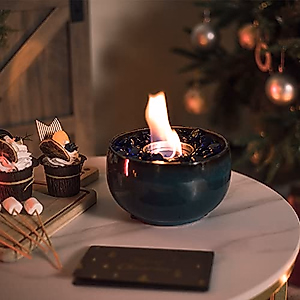 TURBRO Ceramic Tabletop Fire Pit for Outdoor - Ventless Fire Bowl, Odorless, Smokeless - Fueled by Ethanol Alcohol - Ocean Blue