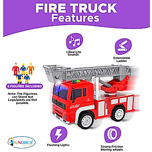 FUNERICA Compact Fire Truck Toy Set with Fireman Play Figures - Lights and Sounds, Friction Wheels - Perfect Firetruck Toys for 3 Year Old Boys and Toddlers