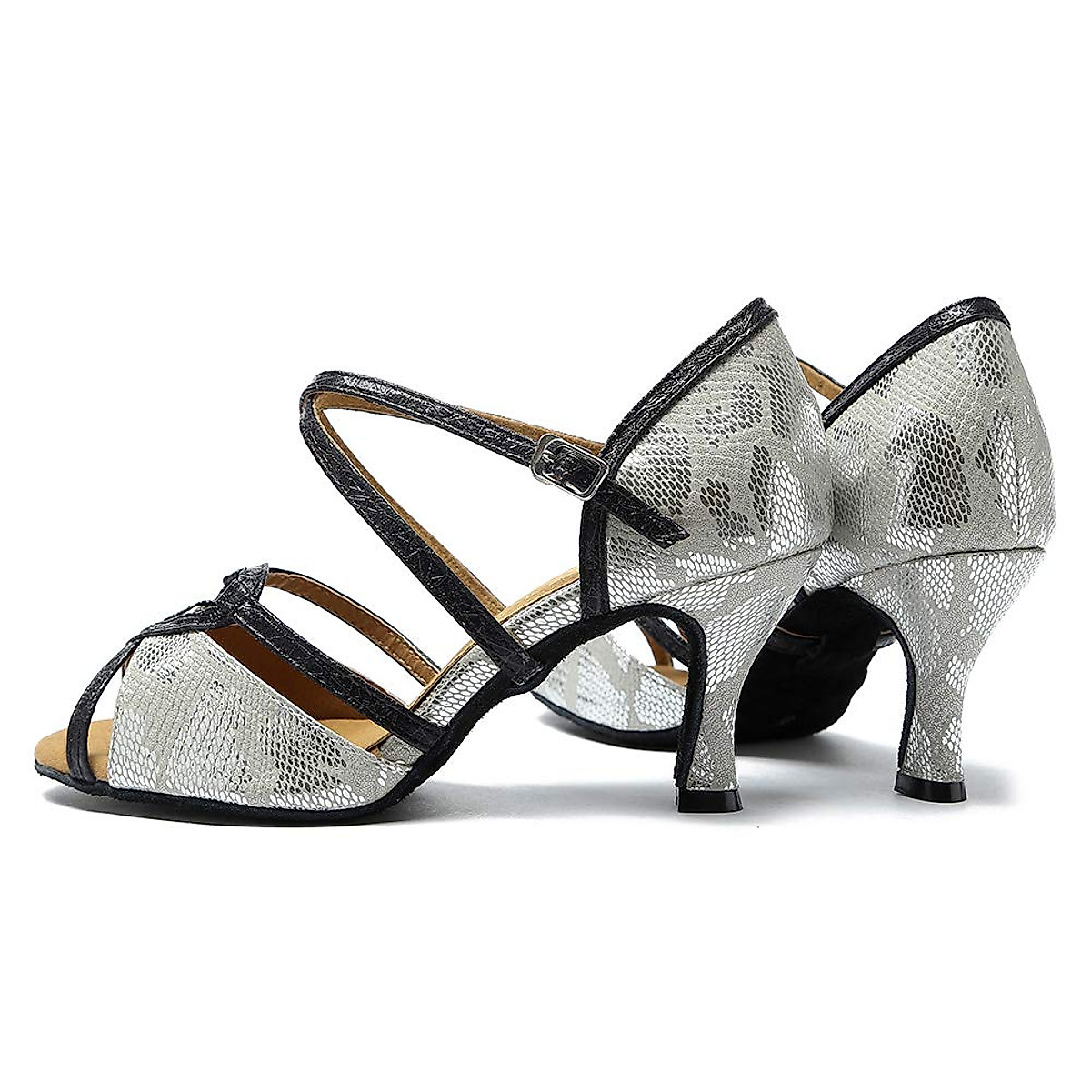 HROYL Latin Dance Shoes For Women Low Heel Ankle Strap Latin Salsa Bachata Shoes Performance Dance Shoes,YCL215-Silver grey-4.5,US5.5