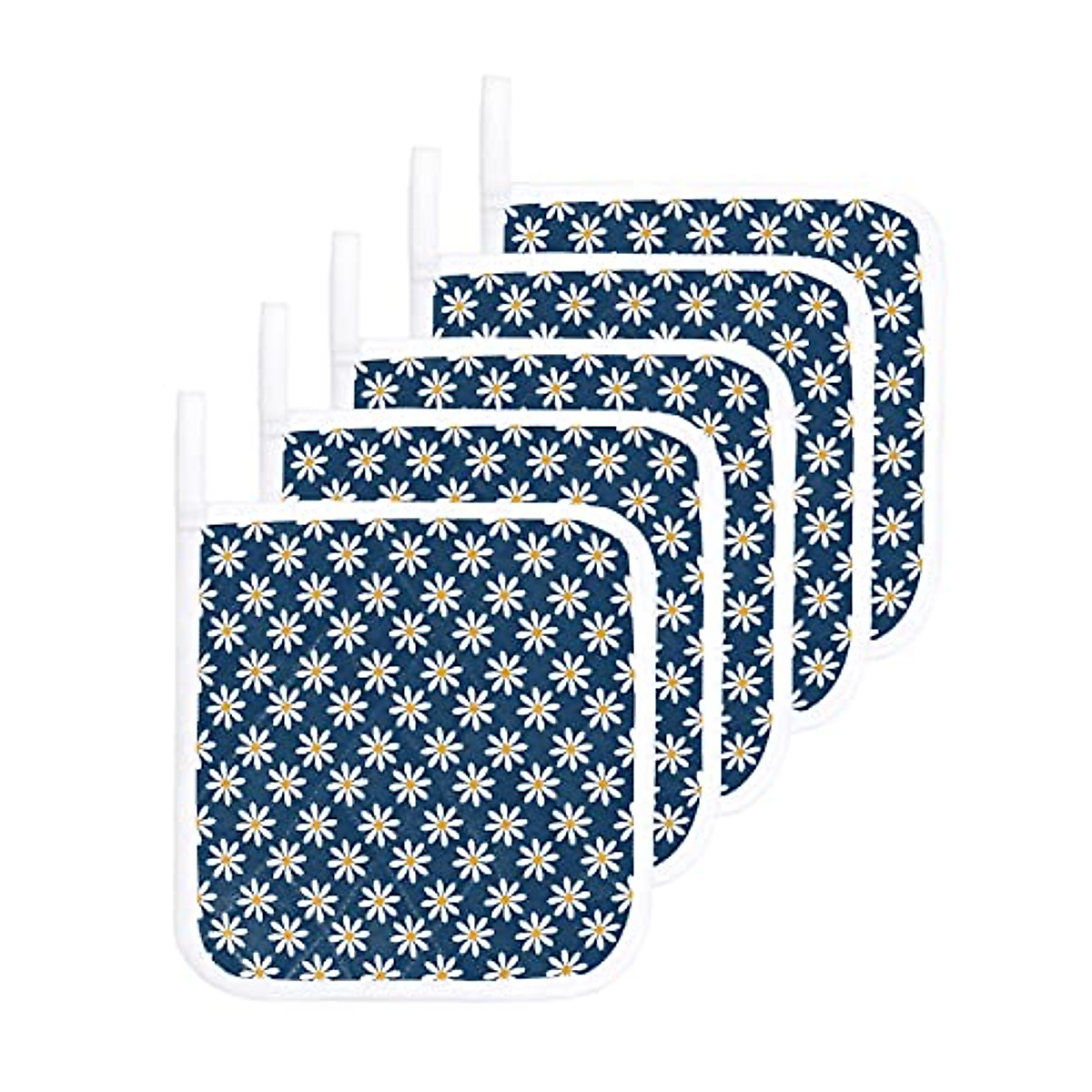 Floral Potholders Set Kitchen Heat Resistant Cotton Coasters Hot Pads Pot Holders Set of 5 for Everyday Cooking and Baking 8 x 8 Inch - Graphic Daisy Blossoms on Blue Background