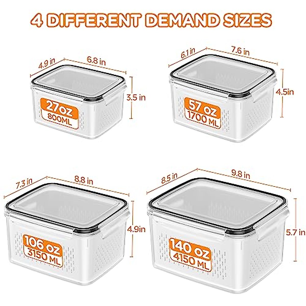 4-Pack Fruit Storage Containers for Fridge with Removable Colanders, 4 in 1 Produce Storage Containers for Refrigerator, Food Storage Container with Lid for Salad Berry Lettuce Vegetables Meat Keeper