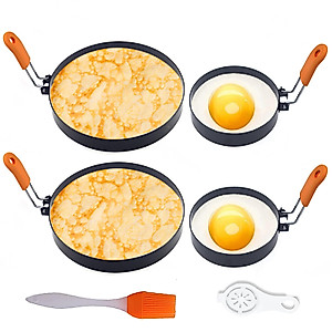 6" Pancake Ring 4" Egg Ring for Griddle,Non-Stick Stainless Steel 6 Inch Pancake 4 Inch Egg Ring for Frying Egg Crumpet Ring Muffin Ring with Silicone Handle（2X 6" Pancake Ring + 2X 4" Egg Ring）