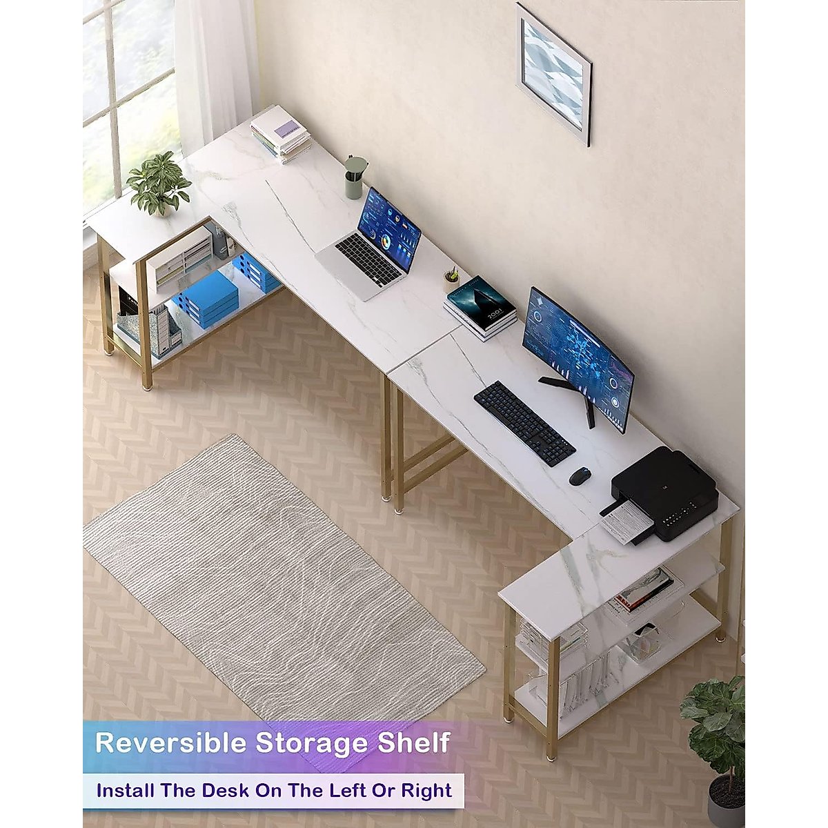 WOODYNLUX L Shaped Computer Desk - Home Office Desk with Shelf, Gaming Desk Corner Table for Work, Writing and Study, Space-Saving, White.