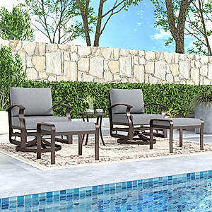 Gotland 5 Piece Patio Outdoor Aluminum Metal Swivel Rocking Chair with 2 Footstools, 1 Coffee Table and 2 Grey Padded Cushions Outdoor Metal Swivel Rocking Chair Furniture Conversation Set for Garden